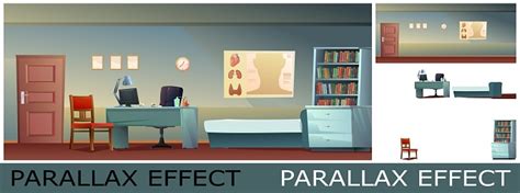 저녁 시간에 의사 사무실 안락 의자와 Pc 컴퓨터가있는 업무용 책상 환자를위한 소파와 의자 시차 효과가있는 오버레이를위한 레이어의 이미지 만화 스타일 일러스트레이션 벡터