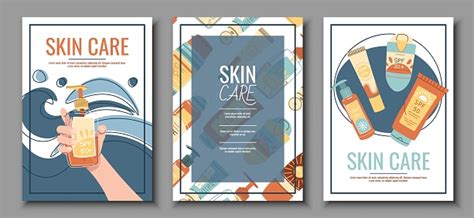 스킨 케어 전단지 디자인 세트입니다 Spf가 있는 자외선 차단제 크림이 있는 여름 포스터 바디 스킨 케어 피부 보습 미용실 스파 등을 위한 배너 책자에 대한 스톡 벡터 아트