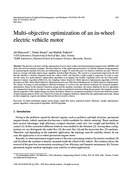 Pdf Multi Objective Optimization Of An In Wheel Electric Vehicle Motor