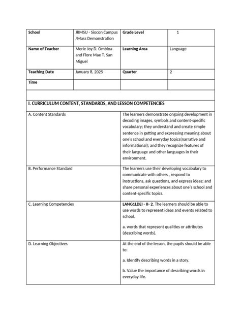 Grade 1 Lesson Plan Pdf Learning Vocabulary