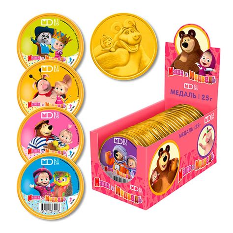 Шоколадные медали Маша и Медведь с наклейкой 1 24 шт 25гр купить