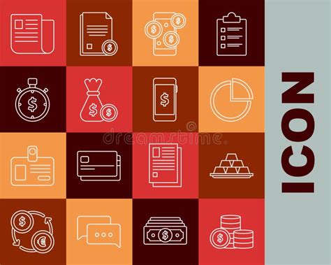 Set Line Coin Money With Dollar Symbol Gold Bars Pie Chart Infographic Smartphone Money Bag