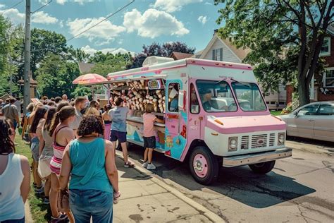 Premium Photo A Cheerful Crowd Surrounds An Ice Cream Truck Parked In