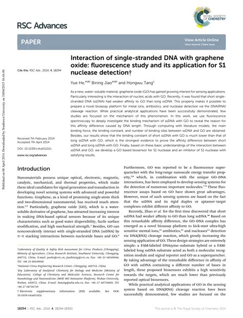 Pdf Interaction Of Single Stranded Dna With Graphene Oxide