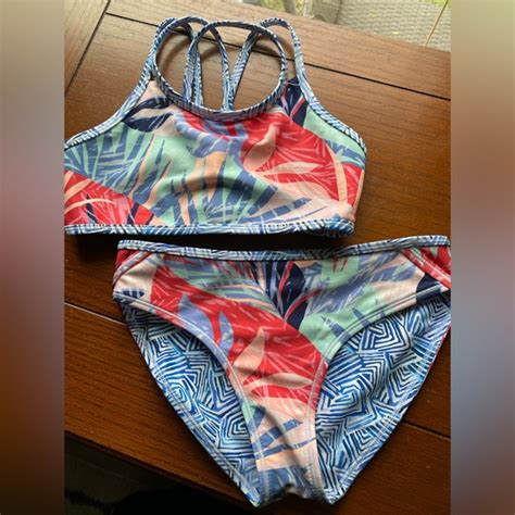 Athleta Swim Athleta Girls Reversible Palm Oasis Blue White
