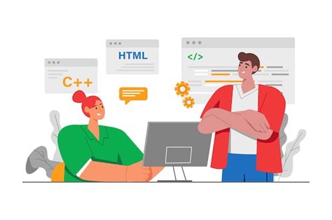 평면 만화 디자인 프로그래머가 조언을 요청하는 사람 장면이 있는 코딩 회색 개념 프리미엄 벡터