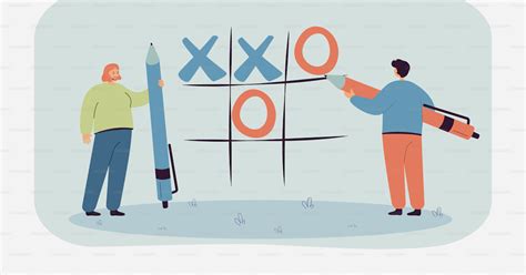 작은 만화 남자와 여자는 Noughts와 십자가의 게임을 하고 있습니다 Tic Tac Toe 플랫 벡터 일러스트레이션을