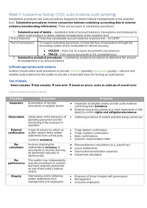 Substantive Testing Cheat Sheet Week 7 Substantive Testing I Tod Audit Evidence Audit