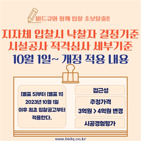 지방자치단체 입찰시 낙찰자 결정기준 시설공사 적격심사세부기준 中 10월1일 개정 적용 내용접근성 추정가격3억원4억원 변경