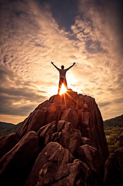 Человек стоит на скале с поднятыми руками над головой Премиум Ai сгенерированное изображение