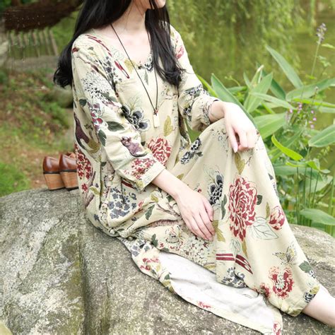 Serenely 2016 Spring Autumn Women Dress Chinese Robes Vintage Print