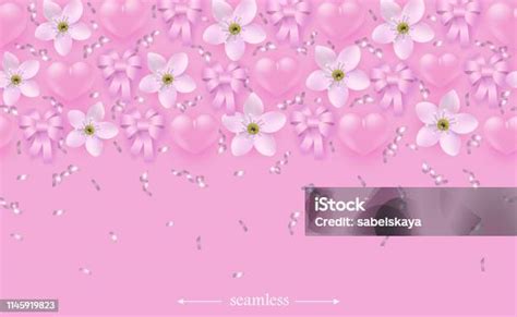 핑크 하트 꽃과 리본 흰색 바탕에 완벽 한 국경 패턴입니다 0명에 대한 스톡 벡터 아트 및 기타 이미지 0명 3차원 형태 공휴일 Istock