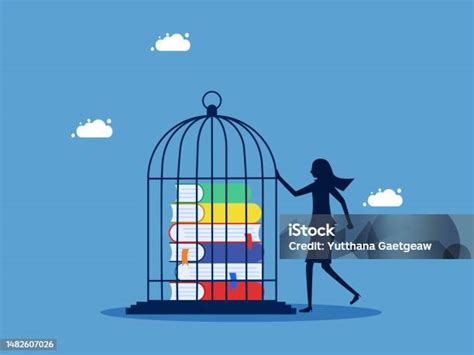 학습에 대한 통제와 교육의 자유 부족 여자는 새장에 책을 보관한다 0명에 대한 스톡 벡터 아트 및 기타 이미지 0명 과학