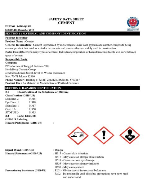Msds Cement Tiga Roda Dec 2019 Pdf Personal Protective Equipment