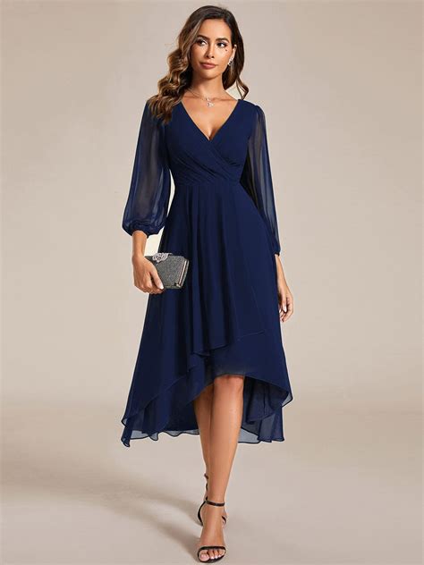 Elegant Long Sleeve V Neck High Low Chiffon Wedding Guest Dress Ever