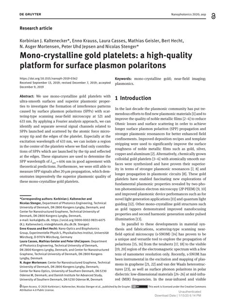 Pdf Mono Crystalline Gold Platelets A High Quality Platform For