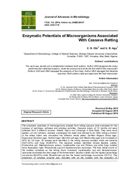 Pdf Enzymatic Potentials Of Microorganisms Associated With Cassava