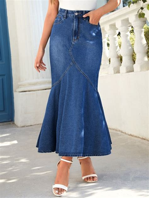 High Waist Mermaid Hem Denim Skirt Shein Usa
