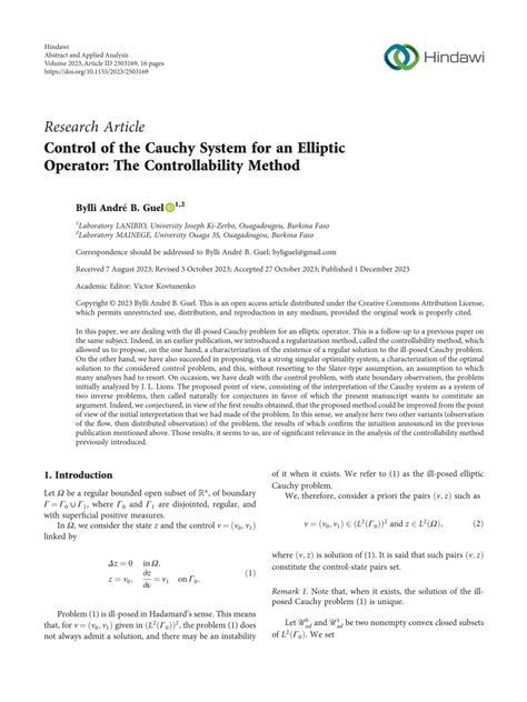 Pdf Control Of The Cauchy System For An Elliptic Operator The Controllability Method