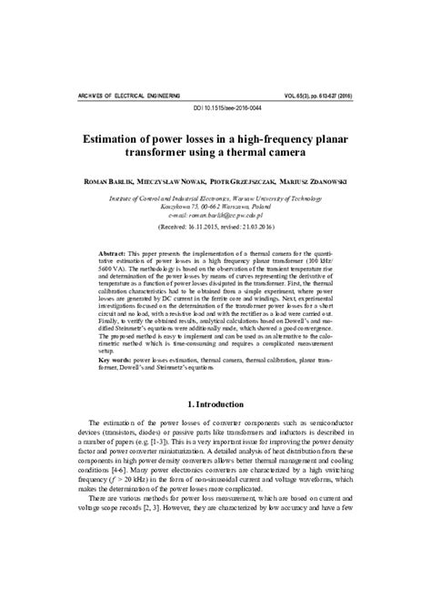 Pdf Estimation Of Power Losses In A High Frequency Planar Transformer