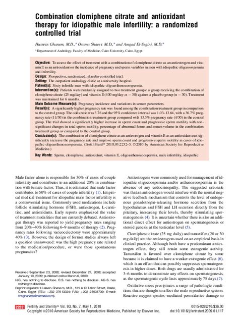 Pdf Combination Clomiphene Citrate And Antioxidant Therapy For Idiopathic Male Infertility A