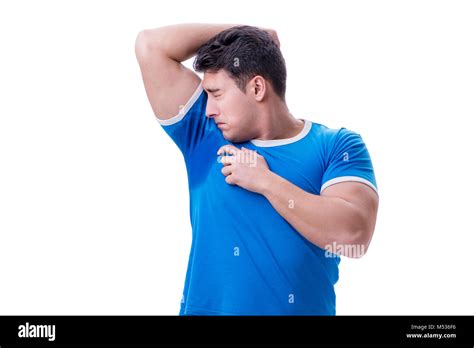 Man Sweating Excessively Smelling Bad Isolated On White Backgrou Stock