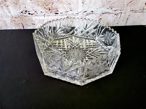 Vintage Irena Poland Hand Cut Glass Crystal Octagonal Bowl Etsy