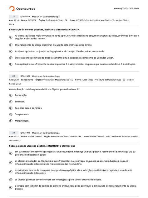 Questões Úlcera Péptica 2 Pdf Indigestão Medicina Clínica
