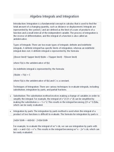 Algebra Integrals And Integration Pdf Integral Calculus