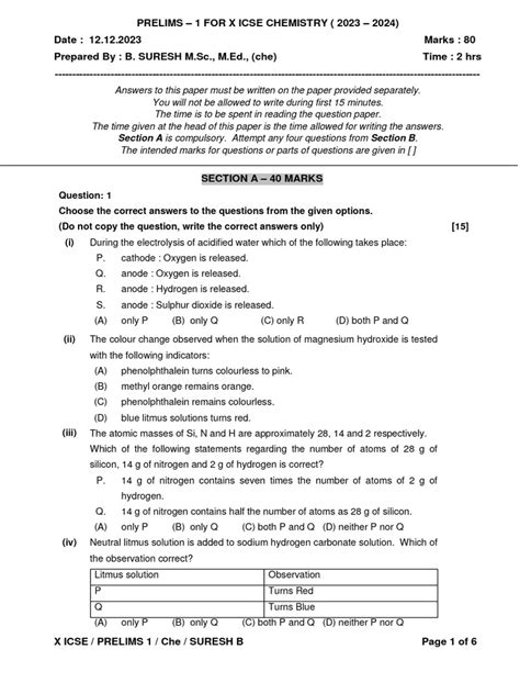 Prelims 1 Icse Dec 2023 Pdf Acid Redox