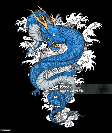바다 파도와 중국 용 손으로 그린 벡터 일러스트 문신 인쇄 티셔츠 프린트 패브릭 및 기타 용도에 대한 손으로 그린 스케치 일러스트레이션 포스터에 대한 스톡 벡터 아트 및