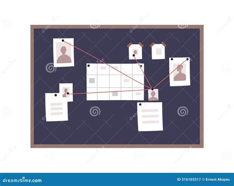 Detective Pinboard With Evidences On Wall Of Police Office With Victim