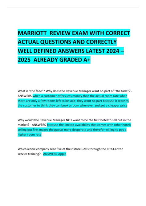 Marriott Review Exam With Correct Actual Questions And Correctly Well