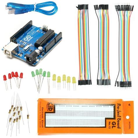 Basic Starter Kit Arduino UNO 840 Pts Breadboard 60 Jumper Wire Red Green Yellow Led S