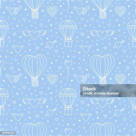 벡터 낙서 사랑 기호 핑크 화이트 매끄러운 패턴 하트 모양 열기구 낙하산 선물 마음 날개 발렌타인 데이 웨딩 디자인 프린트