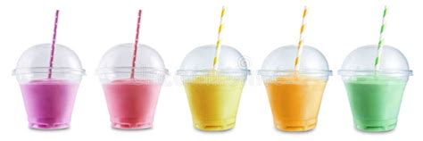 Milk Fruit Cocktail Smoothie In A Plastic Glass With A Straw On A White