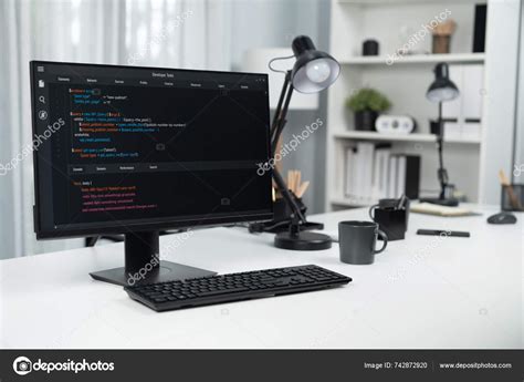 Programming Code Computer Screen Desktop Placing Working Desk Showing