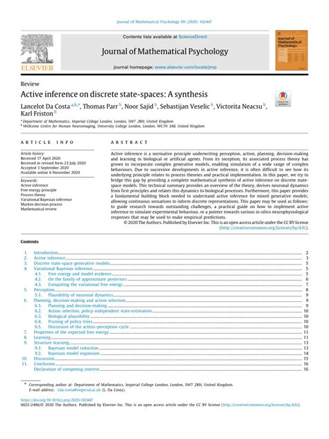 Pdf Active Inference On Discrete State Spaces A Synthesis