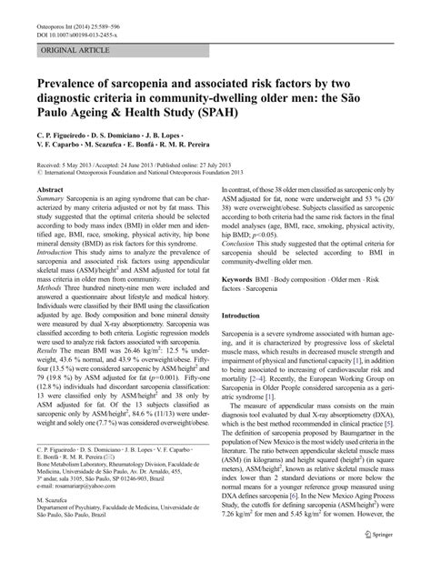 Pdf Prevalence Of Sarcopenia And Associated Risk Factors By Two Diagnostic Criteria In
