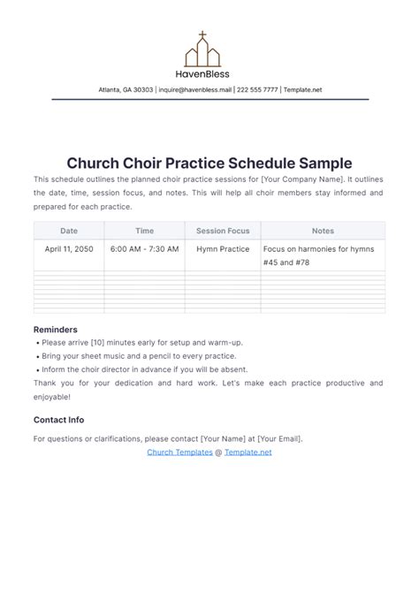 Free Church Choir Practice Schedule Sample Template To Edit Online