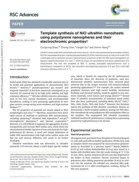 Pdf Template Synthesis Of Nio Ultrathin Nanosheets Using Polystyrene Nanospheres And Their