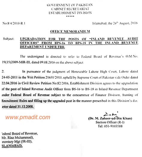 Up Gradation For The Posts Of Inland Revenue Audit Officers IRAO
