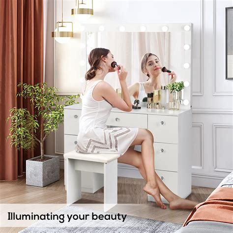 SMOOL Vanity With Lighted Mirror Makeup Vanity Desk With Power Outlet And LED Bulbs Color