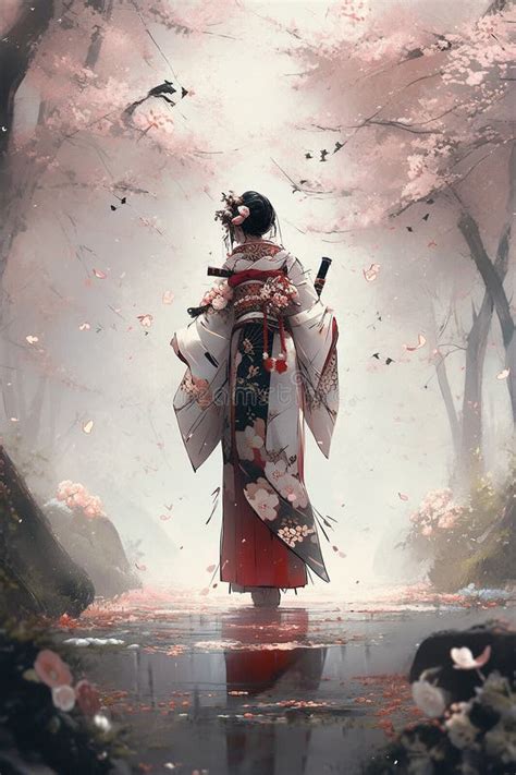 Generative Ai Geisha In Blooming Sakura Garden Anime Illustration