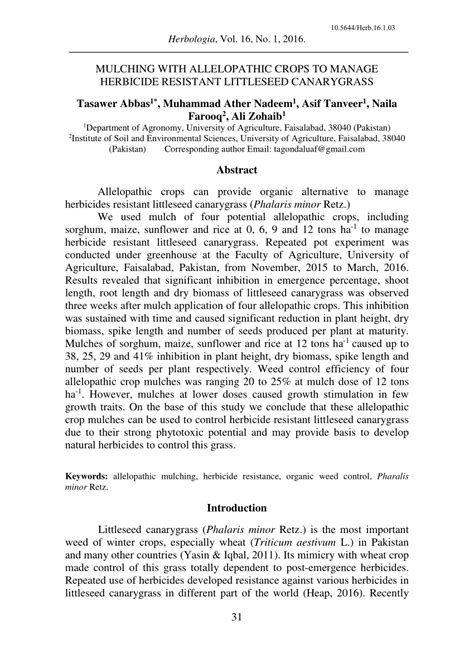 Pdf Mulching With Allelopathic Crops To Manage Herbicide Resistant Littleseed Canarygrass