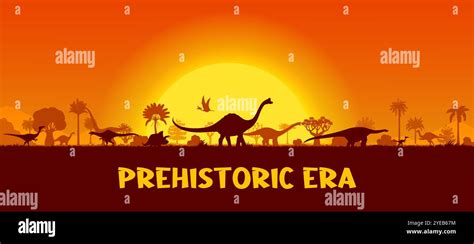 Dinosaur Silhouettes On Prehistoric Sunset Landscape Of Jurassic Era