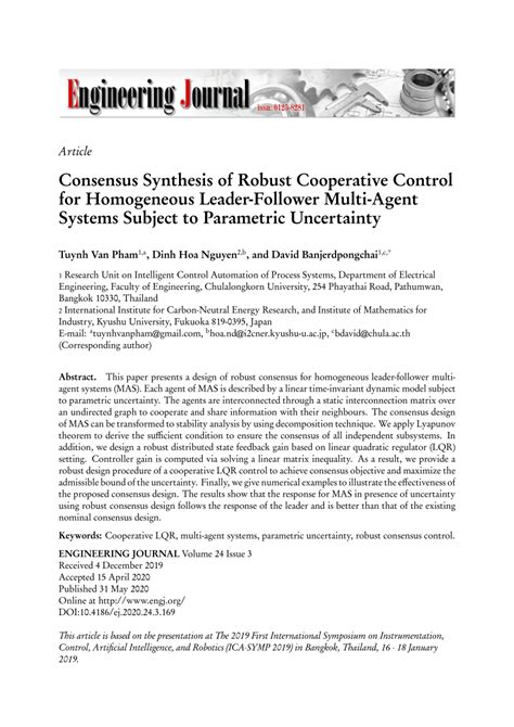 Pdf Consensus Synthesis Of Robust Cooperative Control For Homogeneous