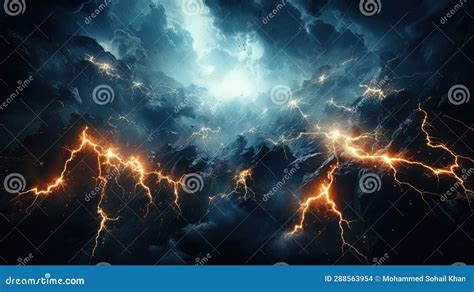 Powerful Lightning Strikes Against The Dark Cloudy Sky Thunder Storm