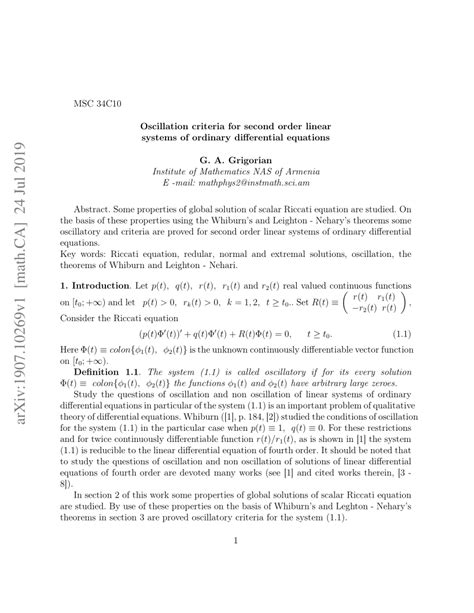 Pdf Oscillation Criteria For Second Order Linear Systems Of Ordinary Differential Equations