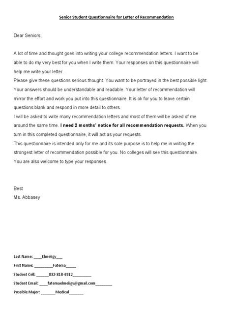 Questionnaire For Rec Letter Pdf Questionnaire Behavior Modification